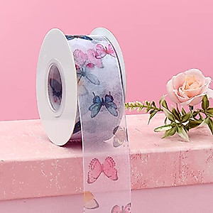 Hyribn 25 Yards Butterfly Printed Silk Ribbon for Gift Wrapping, Chiffon Spring Ribbons for Crafts, Ribbon for Floral , Flower Bouquet, Bows, Wedding, Decoration (White, 1.5")