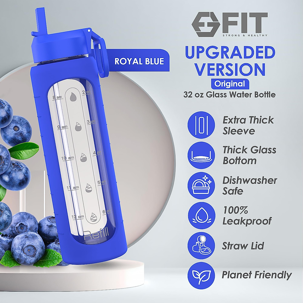 FIT Strong & Healthy 32 oz Glass Water Bottle with Time Marker & Silicone Sleeve - w/Handle & 2 Leakproof Lids Straw & Spout Lid, Wide Mouth, BPA Free 1 Liter Motivational Drinking Bottle, Royal Blue