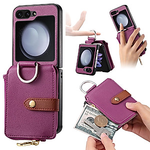 Asuwish Compatible with Samsung Galaxy Z Flip 5 5G 2023 Wallet Case and Card Slot Holder Ring Magnetic Clasp Cell Accessories Protective Zipper Phone Cover for ZFlip5 Z5 Flip5 5Z Flip5case Purple