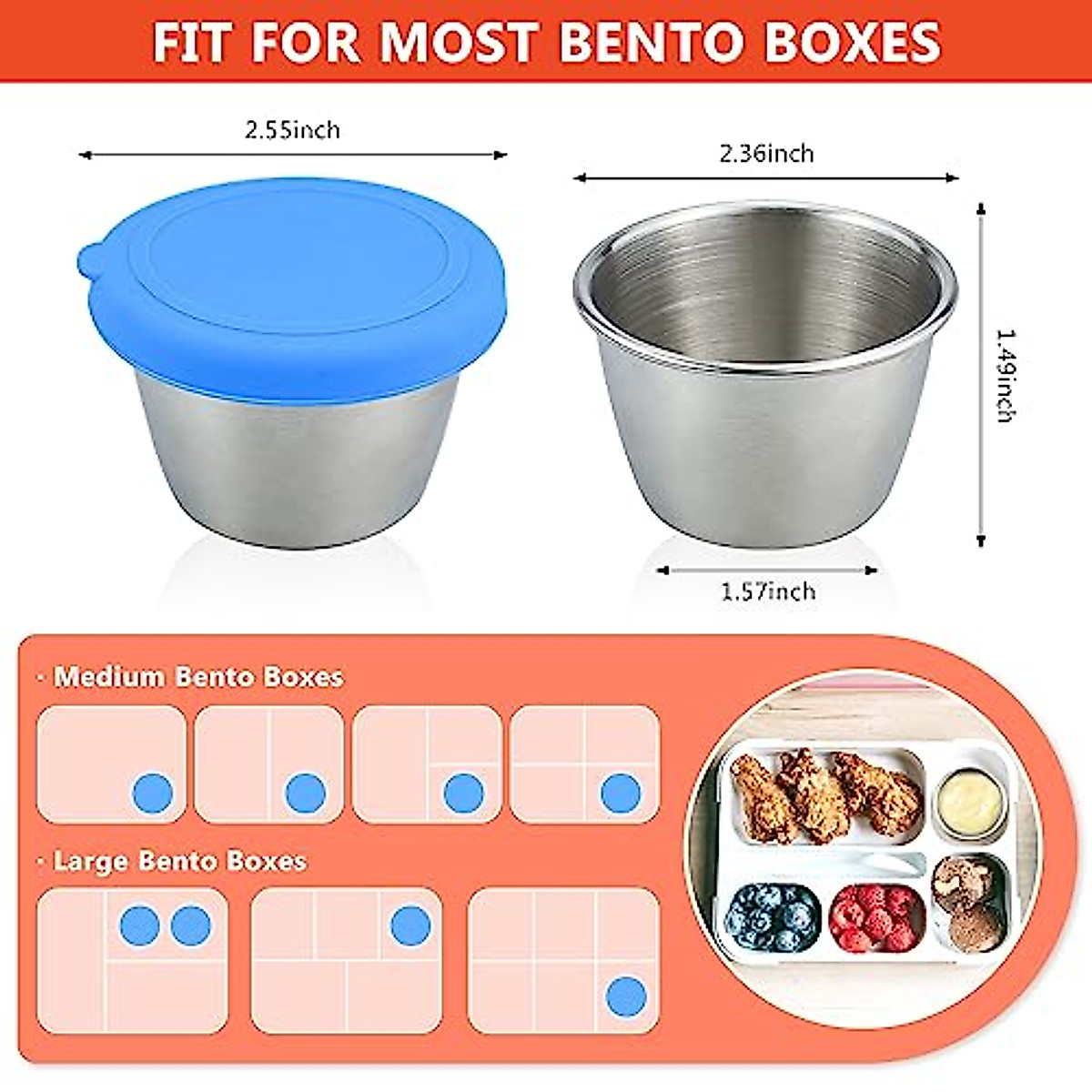 YETOOME 6 Pack Salad Dressing Containers To Go, 2.5 oz Small Condiment Containers with Lids, Reusable Stainless Steel Dipping Sauce Cups Containers, Leakproof Silicone Lids for Lunch, Picnic and Travel