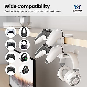 3-in-1 PC Gaming Headphone & Controller Holder - EURPMASK Headphones Hanger w/Adjustable & Rotating Arm Clamp,Headphone Stand Under Desk, Universal Headset Controllers Hook with Cable Organizer-White