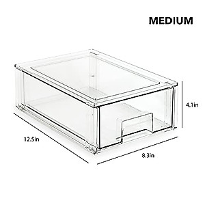 Isaac Jacobs Stackable Organizer Drawer Set (1 Medium, 1 Large), Clear Plastic Storage Boxes, Pull-Out Bins, Home, Office, Closet, Shoes, BPA-Free, Food/Fridge/Freezer Safe (1 Medium, 1 Large)