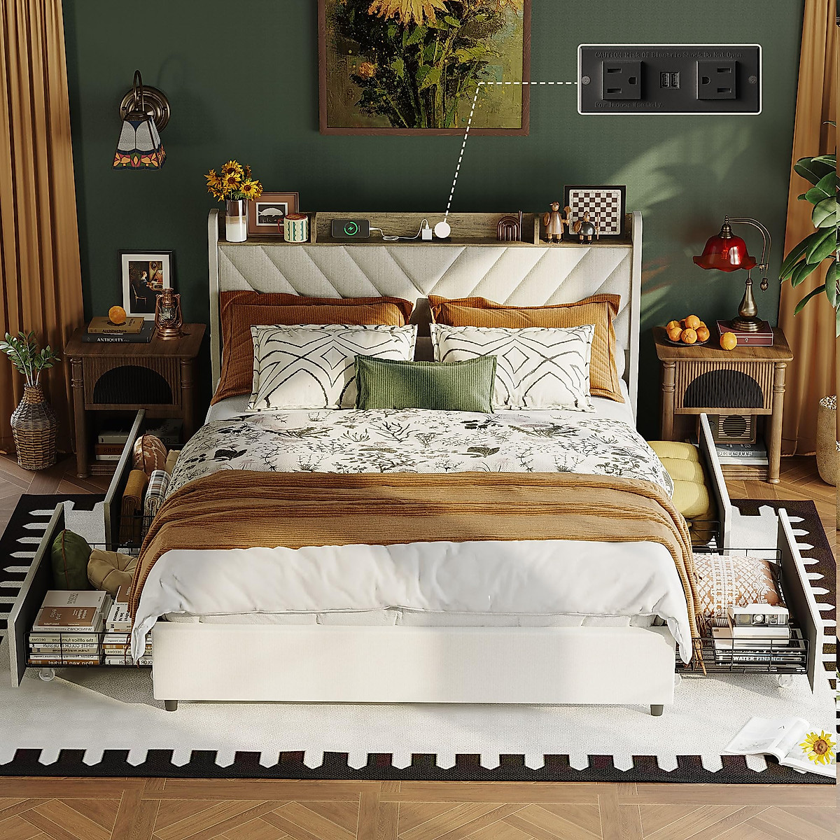 DIYSET Queen Bed Frame with Charging Station Headboard, Upholstered Platform Bed Strong Wooden Slats Support, with 4 Storage Drawers, Noise-Free, No Box Spring Needed, Easy Assembly, Beige