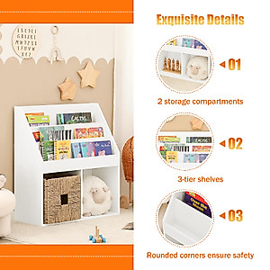 SoBuy White Children Kids Bookcase, Metal Kids Bookshelves Rack with Toy Storage Organizer, Book Shelf Storage Display Rack Organizer Holder, KMB01-W