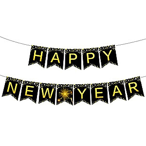 Famoby Black Happy New Year Banner New Year Hanging Bunting for Party Decorations Supplies