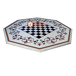 Whtie Marble Chess Dining 51" Table Top Floral Marquetry Arts Playroom Decor Gift For Chess Player
