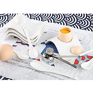 Ceramic Egg Cups Holder Porcelain Egg Cup for Soft Boiled Eggs with Stainless Steel Egg Cracker Topper Cutter 4 Egg Spoons Egg Cups Stand Plates Set (9)