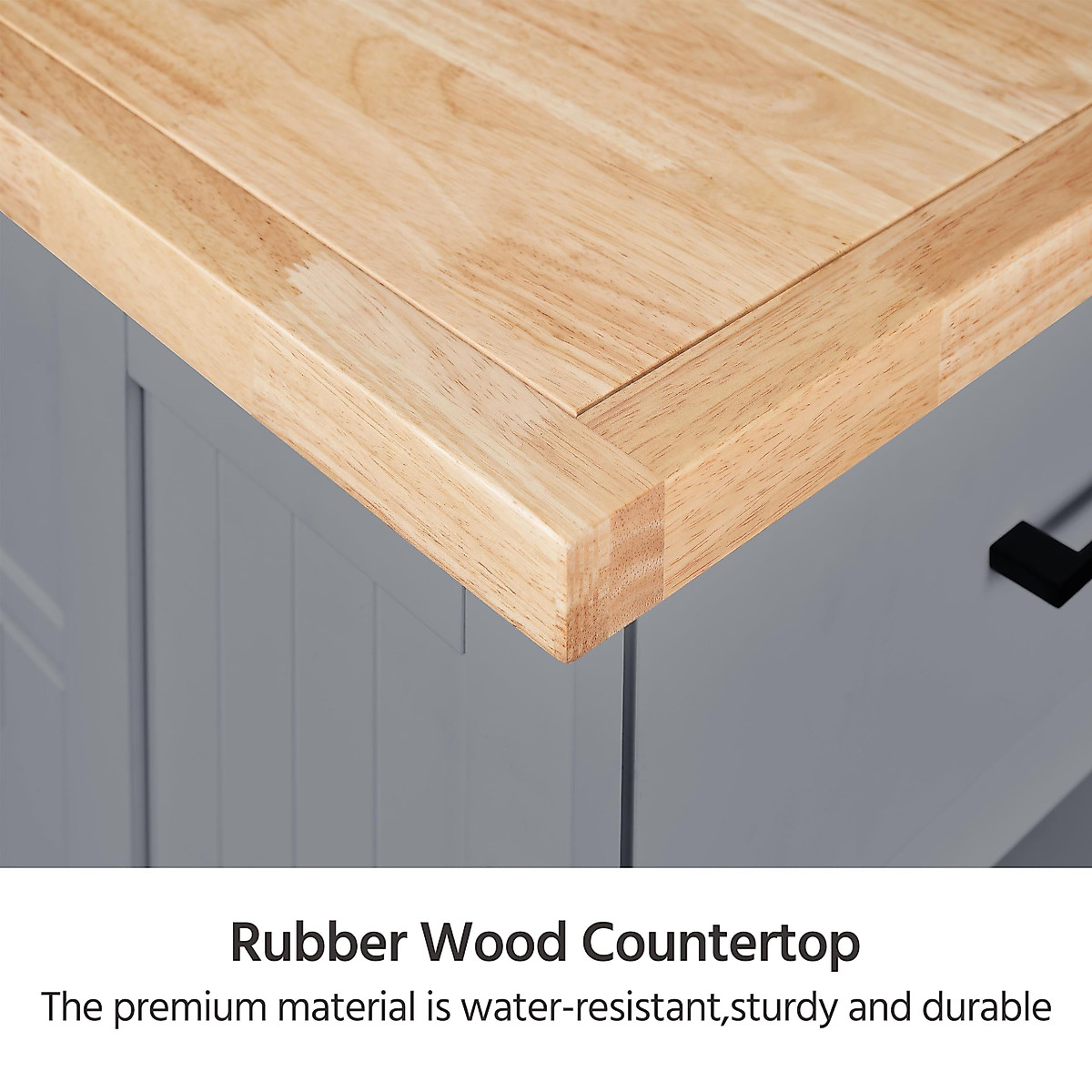 Yaheetech Rolling Kitchen Island with Thicker Rubberwood Countertop, Kitchen Cart on Hidden Wheels with 3 Drawers & Open Shelves, Storage Cabinet w/Inner Adjustable Shelves for Dining Room, Dark Gray