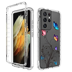 Vavies Case for Galaxy S21 Ultra 5G Case, SM-G998U Case with Tempered Glass Screen Protector, Full Body Clear with Floral Protection Phone Cover Cases for Samsung Galaxy S21 Ultra 5G (Butterfly Tree)