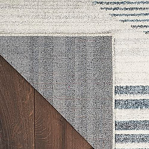 Nourison Astra Machine Washable Geometric Ivory Blue 2'2" x 12' Area -Rug, Easy -Cleaning, Non Shedding, Bed Room, Living Room, Dining Room, Kitchen (2x12)