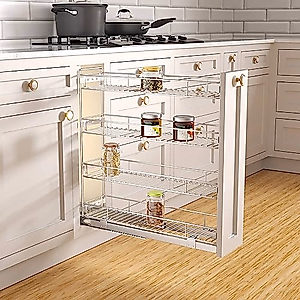 OCG 4-Tier Pull Out Kitchen Cabinet Spice Rack Holder Shelves (8" W x 21" D), Slide Out Slim Storage Wire Baskets for Storage Organization, Narrow Pull Out Storage for Narrow Space