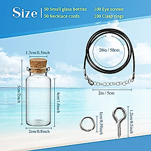 Sawysine 50 Pcs 10 ml Mini Glass Bottles with Cork for Necklace Jars,tiny Wishing Bottles with 50 Pcs Black Waxed Cord and 100 Pcs Clasp Rings for DIY Crafts Bead Container