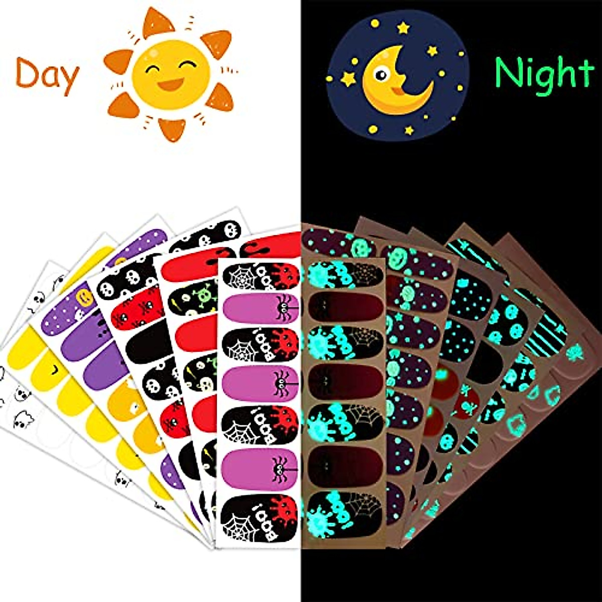 TailaiMei 12 Sheets Glow in The Dark Halloween Nail Wraps Stickers, Fluorescent Nail Polish Strips Self-Adhesive Full Wraps with 2 pcs Nail Files for DIY Nail Art Decals (Dark Style)