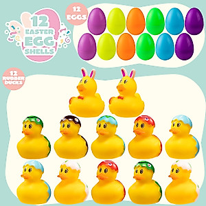 JOYIN 12 PCS Filled Easter Eggs with Rubber Duck and Rabbit Duckies, Bright Colorful Prefilled Easter Eggs for Kids Fun Bath Toys, Basket Stuffers and Party Favors