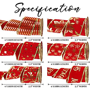 MEEDEE Red Velvet Wired Ribbon For Christmas Tree 2.5 Inch 6 Rolls 36 Yards Christmas Ribbon Set Wide Velvet Ribbon Wired Ribbon For Christmas Tree Velvet Red Ribbon Red And Gold Christmas Tree Ribbon