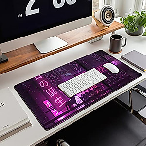 Purple Gaming Mousepad Japanese Desk Mat XXL Extended Anime Cool Large Mouse Pad Keyboard Mouse Mat Desk Pad for Computer Laptop Gamers 31.5''X15.7'' Non-Slip Rubber Base with Stitched Edges