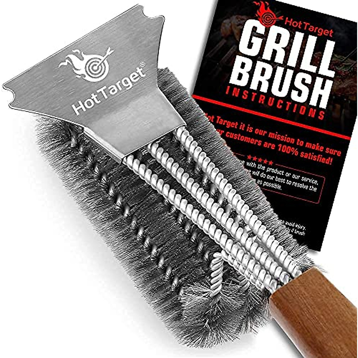HOT Target 18" Super Sturdy Grill Brush and Scraper with Safe Extended Acacia Wooden Handle and Stainless-Steel Bristles No Scratch Cleaning for Any Grill: Char Broil & Ceramic