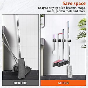 4Pcs Broom and Mop Holder, Stainless Steel Broom Storage Holder, Self Adhesive Anti-Slip Command Broom Holder Wall Mount, Mop Gripper with Hook for Kitchen Bathroom Closet Garden Garage Black