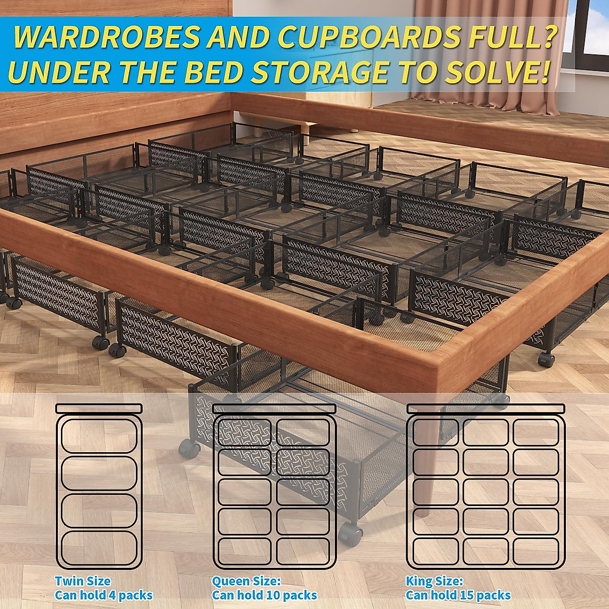 ROUTTOON Under Bed Storage Containers with Wheels, Under Bed Shoe Storage Foldable Bedroom Storage Organization with Handles, Under Bed Storage Bins Drawer For Clothes Blankets And Shoes Bedding