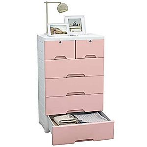 Nafenai Plastic Drawers Dresser,Storage Cabinet with 6 Drawers,Closet Drawers Tall Dresser Organizer for Clothes,Playroom,Bedroom Furniture, Pink
