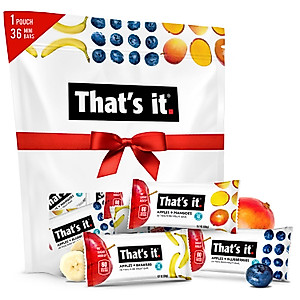 That's it. Mini Fruit Bars Gift Pouch (Variety 36 Count) No Sugar Added, Plant-Based, Vegan & Gluten Free, Paleo, Non GMO, Fiber (12 Banana, 12 Blueberry, 12 Mango)