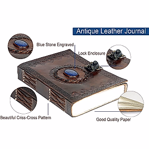 Antique Leather Journal, Leather Bound Writing pad, Blue Stone Embossed Blank Unlined Paper Notebook for Travel, Office, Thoughts, Sketching with Clasp, Vintage Gift for Men and Women Brown 7X5 Inches