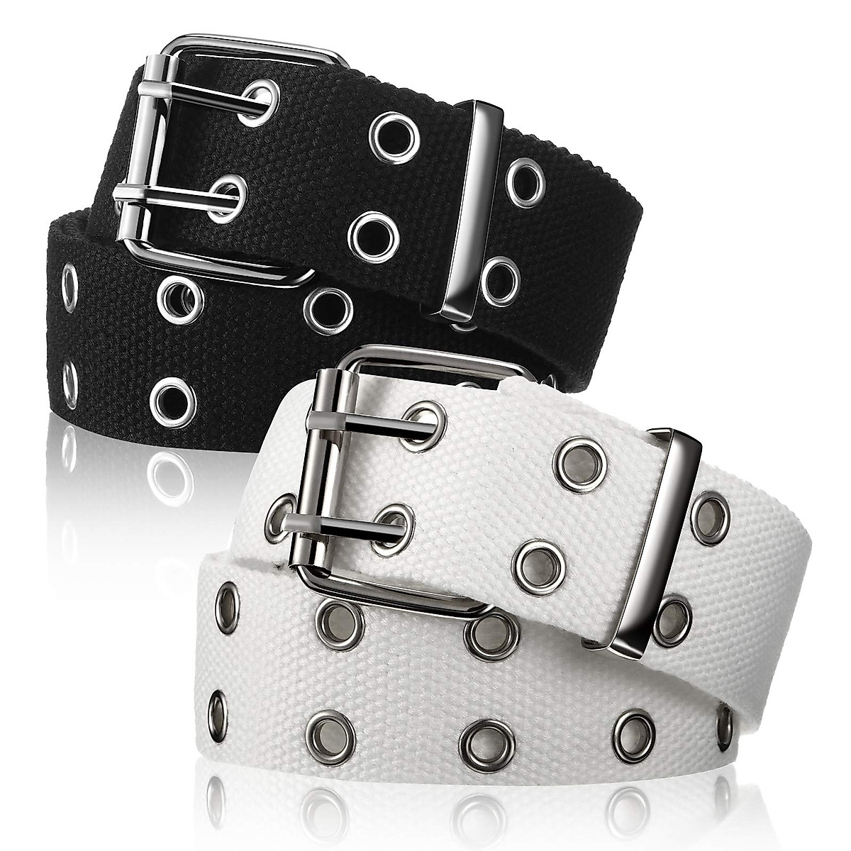 Geyoga 2 Pieces Double Grommet Canvas Belts Two-Hole Jeans Vintage Buckle Punk Belts for Men and Women (White and Black,100 cm)