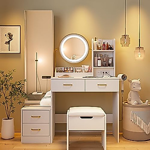 White Vanity Desk with Mirror and Lights & Full Length Mirror, Vanity Mirror with Lights Desk and Chair & Charging Station, 4 Drawers and Lots Storage Shelves