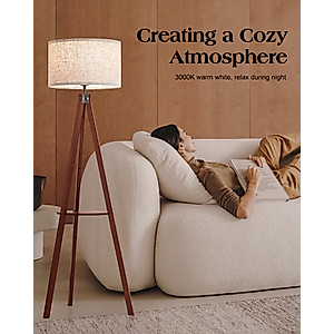 ELYONA Tripod Floor Lamp with Table, Rubber Wood Tall Standing Light, Mid Century Modern Corner Shelf Reading Floor Lamp with Drum Shade for Living Room, Bedroom, Office, LED Bulb Included, Brown