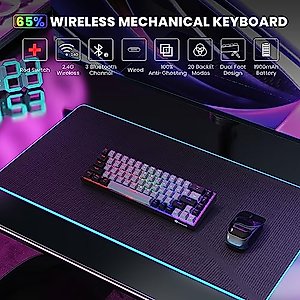 GEODMAER 65% Wireless Mechanical Gaming Keyboard, Triple Modes 2.4G/Bluetooth/Wired RGB Backlit Gaming Keyboard, Wireless Red Switch Mechanical Keyboard, Compact Wireless Keyboard for PC Win Mac Gamer