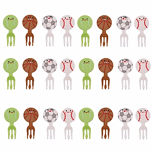 IUAQDP 24 Pieces Sports Ball Fruit Fork, Mini Cute Cartoon Food Picks for Children Bento Decor, Plastic Snack Forks for Cake Dessert Pastry Party Supply, Football Basketball Baseball Tennis Pattern