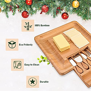 FITNATE Bamboo Cheese Board Set, 13inch Square Charcuterie Board with Cutlery in Slide-Out Drawer Including 4 Stainless Steel Serving Utensils, Gift for Christmas, Birthday, Wedding, Housewarming