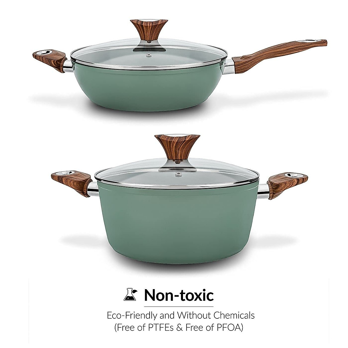 Phantom Chef Bundle: 11" Deep Frypan & 4.4 QT Casserole Stockpot | Aluminum Body Non-Stick Ceramic Coating | With Soft Touch Stay Cool Handle | Dishwasher Safe | Non-Toxic PFOA & PTFE Free Pan | Green