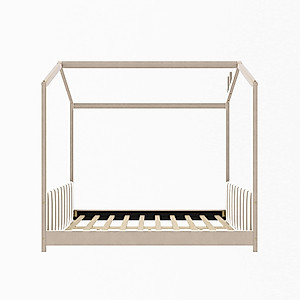 DEINPPA Full Size Princess House Bed with Velvet Fabric Upholstered Tufted Headboard and Footboard, Kids House Bed Frame with Roof Design, for Kids Boys Girls-Beige