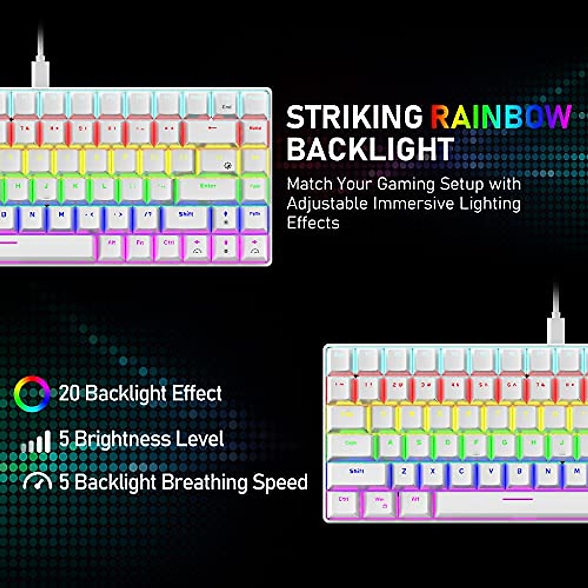Mechanical Gaming Keyboard and Mouse Combo with 20 Rainbow Backlight 84 Key Anti-ghosting Ergonomic Waterproof Type-C Wired 2400 DPI Honeycomb Mice for PC Mac Gamer Computer Typist(White/Blue Switch)