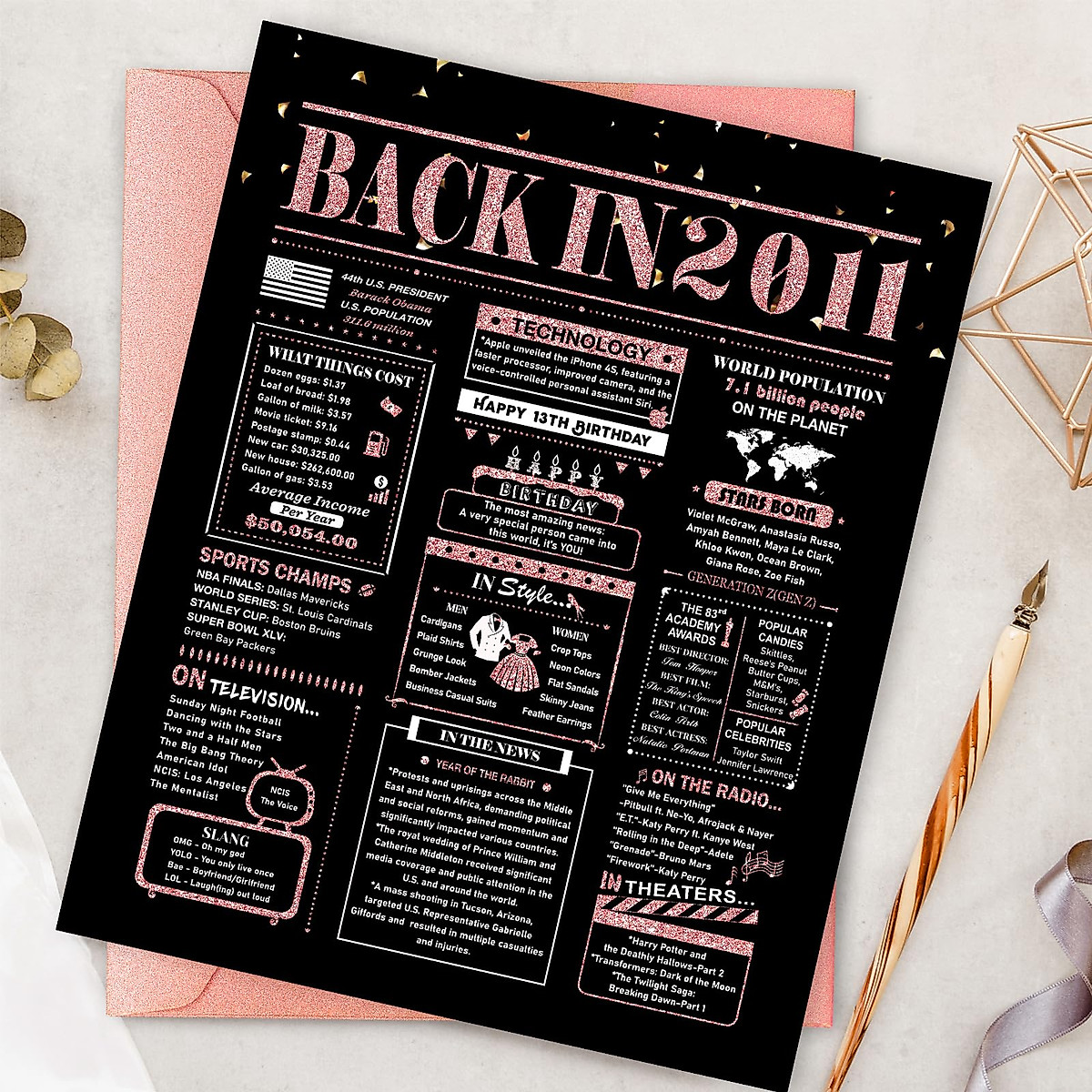 BGTCARDS 13th Birthday Card, 13th Birthday Decorations for Girls, 13th Birthday Gifts for Daughter, Jumbo Birthday Cards for 13 Year Old Granddaughter, Funny Back in 2011 Birthday Card, Rose Gold