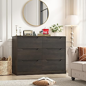 HOSTACK Modern 6 Drawer Dresser for Bedroom, Double Chest of Drawers with Storage, Large Wooden Storage Dresser Organizer with Cut-Out Handle, Accent Storage Cabinet for Living Room, Dark Brown