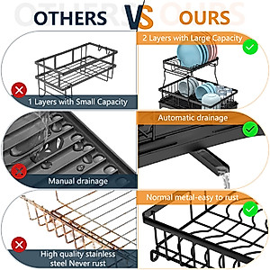 FUNNy elf Dish Drying Rack, 2-Tier Large Dish Racks for Kitchen Counter, Rust-Proof Dish Drainer with Drying Board , Stainless Steel Dish Rack with Removable Utensil Holder