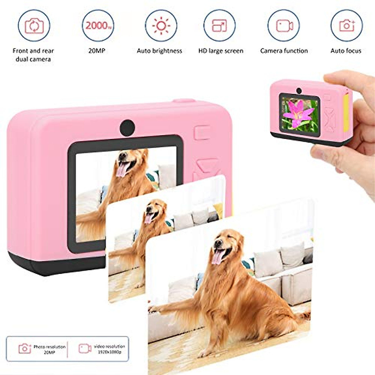 Children Camera, Kids Digital Dual Camera with 2.0in IPS Screen Selfies Childrens Camera Toy Support Front and Rear Dual Camera, Built‑in Large‑Capacity Battery(Pink)