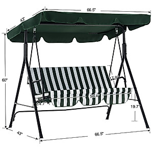 MCombo 2-3 Person Patio Swings with Canopy, Outdoor Porch Swing Chair with Steel Stand, Removable Cushions, for Backyard Garden Balcony 4008 (Green with White Stripes)