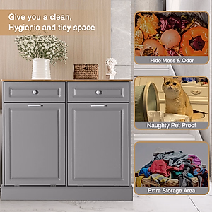 Anbuy Double Kitchen Trash Cabinets Dual Tilt Out Trash Cabinet with Two Solid Wood Hideaway Trash Holder Drawers, Free Standing Recycling Cabinet Trash Can Holder (Dual Gray)