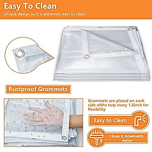 Tubtoken Clear PVC Tarpaulins 8 x 10 FT,20 Mil Heavy Duty Waterproof Wind-Proof Transparent Vinyl Tarp for Patio Pergola Garden Canopy Rainproof Anti-Tear PVC Thick Cover with Grommets(8 x 10 FT)