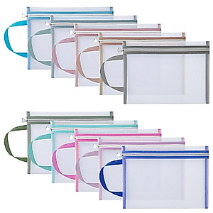 10 Pack Colored Breathable Mesh Zipper Pouch Bags, Large Nylon Toy Storage & Organization Nets with Handle and Zipper, Hangable Visible Puzzle A4 Zipper Pouch for Cross Stitch (10PCS, 1-laye)