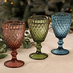 ZOOFOX Set of 6 Wine Glasses, 10 oz Colored Glass Goblet with Diamond Pattern, Embossed High Clear Glassware for Party and Wedding (Multi-Colors)