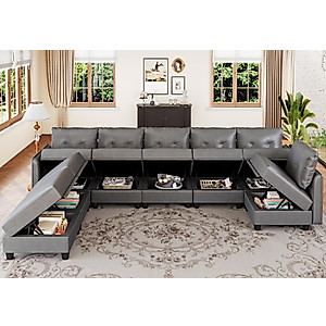 LLappuil Modular Sectional Sofa with Reversible Chaise, U Shaped Couch with Storage, Modern Faux Leather Fabric Sofa with Ottoman, Oversized Sectionals for Living Room, 8 Seat, Dark Grey