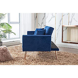 Woanke Mid Century Modern Velvet Fabric Home Living Room Bedroom, Convertible Futon Bed, Accent Sofa Recliner, Golden Metal Legs, 2 Couch Pillows, Navy