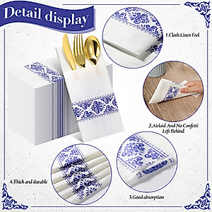 Qilery 100 Pack White Pocket Napkins Paper Dinner Napkins Blue Floral Napkins with Built in Flatware Pocket Disposable Airlaid Paper Napkins Blue Porcelain Linen Feel Dinner Pocket Napkins for Wedding