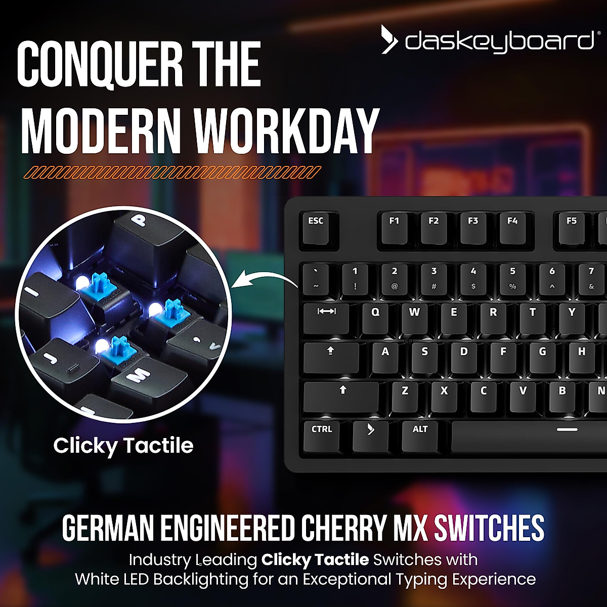 Das Keyboard 6 Professional Backlit Wired Mechanical Keyboard – Clicky Cherry MX Blue Switches, Shine-Through Keycaps, 2-Port USB C Hub, Media Controls, Durable Aluminum Enclosure, Volume Knob, NKRO