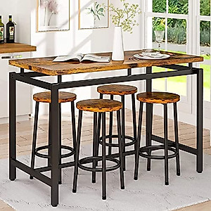 LinkRomat Dining Room Table Set, Bar Set for 4, Kitchen with 4 Round Stools, 5 Piece Height Pub Dinner Bistro and Chairs Small Spaces, Brown, Rustic Brown, 47.24 x 23.62 x 35.04''(Heighten)