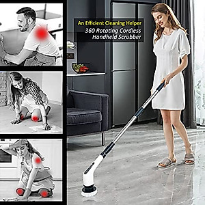 Electric Spin Scrubber, Cordless Bath Tub Power Scrubber with 8 Replaceable Drill Brush Heads, Shower Cleaning Brush with Adjustable Handle for Bathroom, Tile Floor & Car